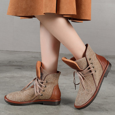 S308 Forestry Pastoral Style Fresh Literature And Art Cotton And Linen Lace-Up Women'S Boots Handmade Original Leather E