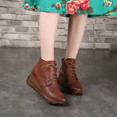 S310 Autumn And Winter New Leather Short Boots Original Handmade Lace-Up Waterproof Platform Wedge Round Toe Women'S Sho