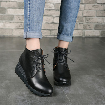 S310 Autumn And Winter New Leather Short Boots Original Handmade Lace-Up Waterproof Platform Wedge Round Toe Women'S Sho