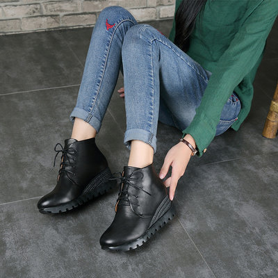 S310 Autumn And Winter New Leather Short Boots Original Handmade Lace-Up Waterproof Platform Wedge Round Toe Women'S Sho