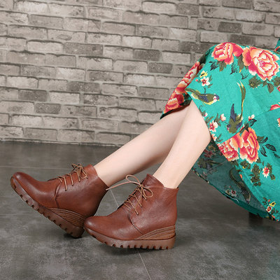 S310 Autumn And Winter New Leather Short Boots Original Handmade Lace-Up Waterproof Platform Wedge Round Toe Women'S Sho