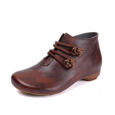 S312 Factory Flat-Bottomed Retro Ethnic Style Handmade Leather Short Boots Autumn And Winter New Elegant Leather Women'S