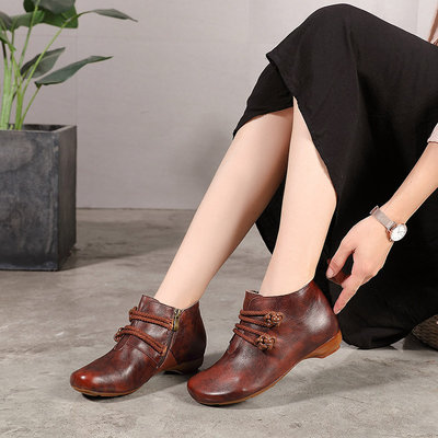 S312 Factory Flat-Bottomed Retro Ethnic Style Handmade Leather Short Boots Autumn And Winter New Elegant Leather Women'S