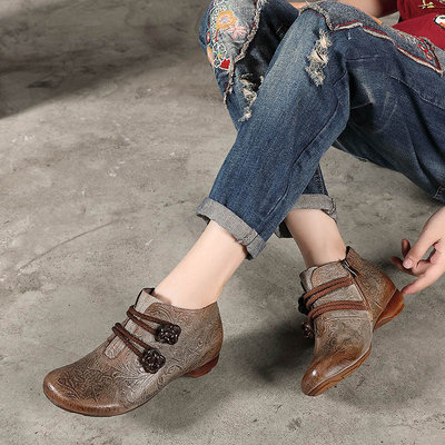 S312 Factory Flat-Bottomed Retro Ethnic Style Handmade Leather Short Boots Autumn And Winter New Elegant Leather Women'S