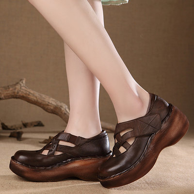 S313 Handmade Original Women'S Shoes, Leather Ethnic Style Single Shoes, Round Toe, Sponge Cake Bottom, Round Toe Hot Sa