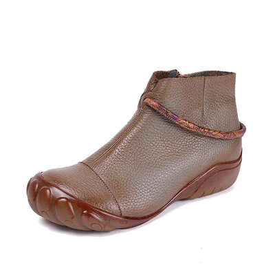 S314 Autumn/Winter Retro Literary Leather Short Boots Ethnic Style Flat Round Toe Cowhide Women'S Shoes