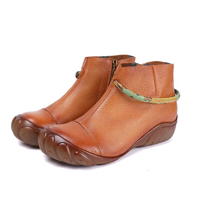 S314 Autumn/Winter Retro Literary Leather Short Boots Ethnic Style Flat Round Toe Cowhide Women'S Shoes