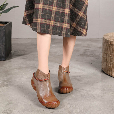 S314 Autumn/Winter Retro Literary Leather Short Boots Ethnic Style Flat Round Toe Cowhide Women'S Shoes