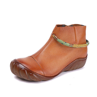 S314 Autumn/Winter Retro Literary Leather Short Boots Ethnic Style Flat Round Toe Cowhide Women'S Shoes