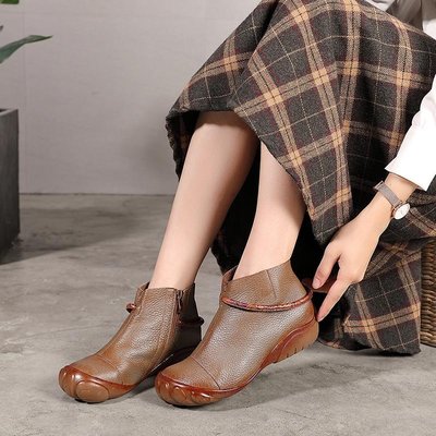S314 Autumn/Winter Retro Literary Leather Short Boots Ethnic Style Flat Round Toe Cowhide Women'S Shoes