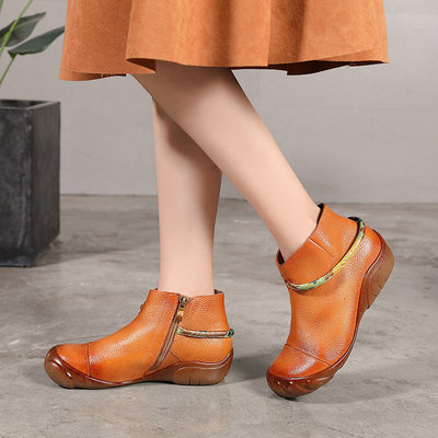 S314 Autumn/Winter Retro Literary Leather Short Boots Ethnic Style Flat Round Toe Cowhide Women'S Shoes