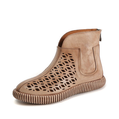 S316 Factory New Round Toe Flat Hollow Leather Women'S Sandals Retro Literary Fashion All-Match Handmade Women'S Shoes