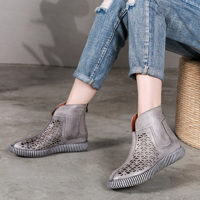 S316 Factory New Round Toe Flat Hollow Leather Women'S Sandals Retro Literary Fashion All-Match Handmade Women'S Shoes