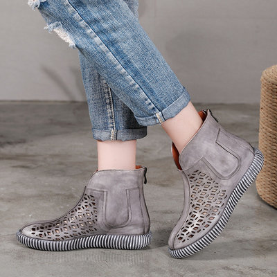 S316 Factory New Round Toe Flat Hollow Leather Women'S Sandals Retro Literary Fashion All-Match Handmade Women'S Shoes
