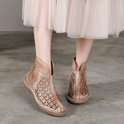 S316 Factory New Round Toe Flat Hollow Leather Women'S Sandals Retro Literary Fashion All-Match Handmade Women'S Shoes