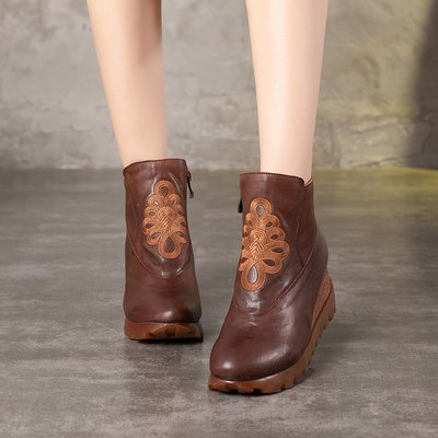 S317 Explosive Waterproof Platform Slope Heel Women'S Shoes Retro Handmade Leather Fashion Zipper Single Shoes Women'S S