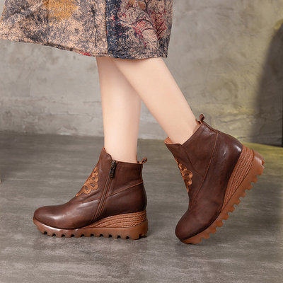 S317 Explosive Waterproof Platform Slope Heel Women'S Shoes Retro Handmade Leather Fashion Zipper Single Shoes Women'S S