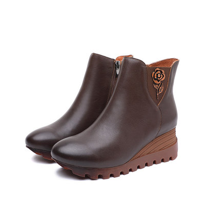 S318 Autumn And Winter Handmade Leather Retro Ethnic Style Slope With Thick-Soled Short Boots Simple And Versatile Women