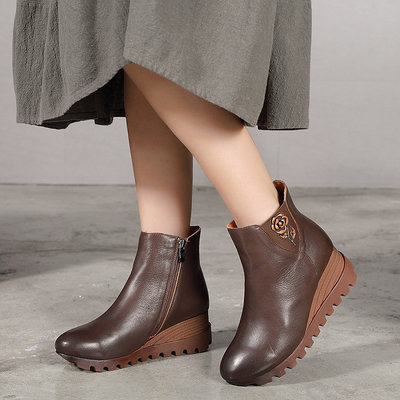 S318 Autumn And Winter Handmade Leather Retro Ethnic Style Slope With Thick-Soled Short Boots Simple And Versatile Women