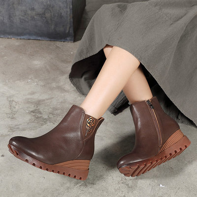 S318 Autumn And Winter Handmade Leather Retro Ethnic Style Slope With Thick-Soled Short Boots Simple And Versatile Women