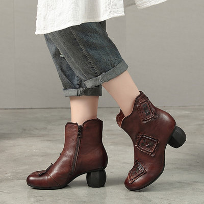 S319 Leather Stitching Women'S Mid-Tube High-Heeled Boots, Retro Ethnic Art Zipper All-Match Autumn And Winter New Women