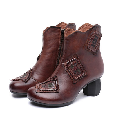 S319 Leather Stitching Women'S Mid-Tube High-Heeled Boots, Retro Ethnic Art Zipper All-Match Autumn And Winter New Women
