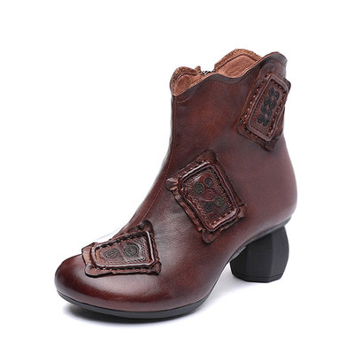 S319 Leather Stitching Women'S Mid-Tube High-Heeled Boots, Retro Ethnic Art Zipper All-Match Autumn And Winter New Women