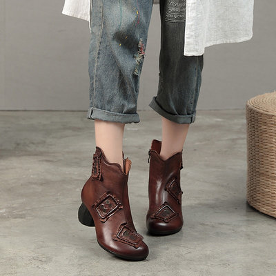 S319 Leather Stitching Women'S Mid-Tube High-Heeled Boots, Retro Ethnic Art Zipper All-Match Autumn And Winter New Women