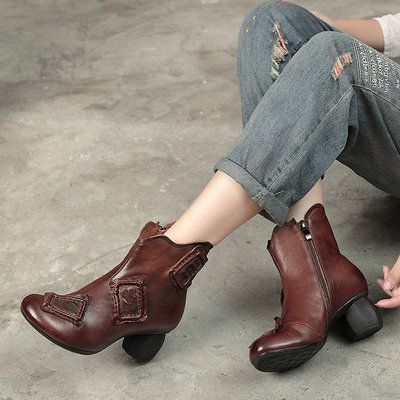 S319 Leather Stitching Women'S Mid-Tube High-Heeled Boots, Retro Ethnic Art Zipper All-Match Autumn And Winter New Women
