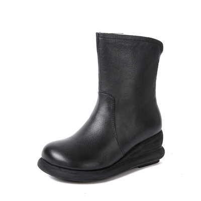 S320 Round Toe Flat Wedge Heel Top Layer Cowhide Mid-Tube Women'S Boots Leather Warm Martin Boots
