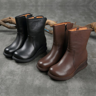 S320 Round Toe Flat Wedge Heel Top Layer Cowhide Mid-Tube Women'S Boots Leather Warm Martin Boots