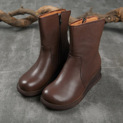 S320 Round Toe Flat Wedge Heel Top Layer Cowhide Mid-Tube Women'S Boots Leather Warm Martin Boots