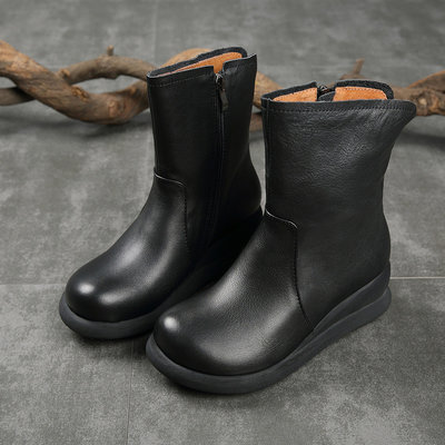 S320 Round Toe Flat Wedge Heel Top Layer Cowhide Mid-Tube Women'S Boots Leather Warm Martin Boots