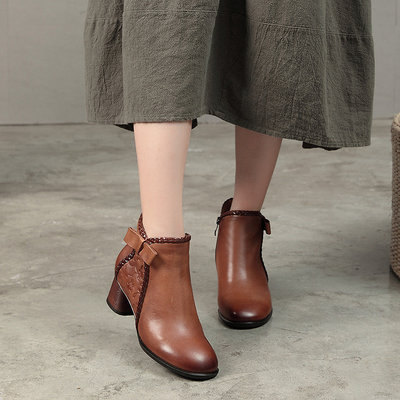 S321 Round toe flat wedge heel top layer cowhide mid-tube women's boots leather warm Martin boots
