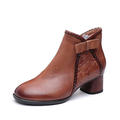 S321 Round toe flat wedge heel top layer cowhide mid-tube women's boots leather warm Martin boots