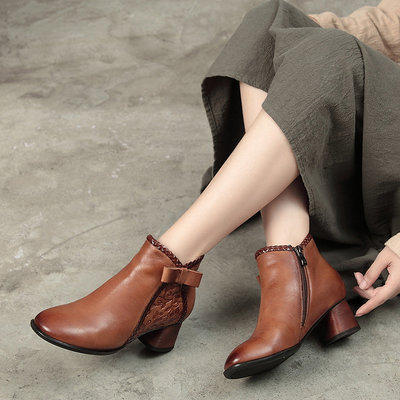 S321 Round toe flat wedge heel top layer cowhide mid-tube women's boots leather warm Martin boots