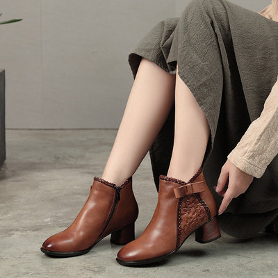 S321 Round toe flat wedge heel top layer cowhide mid-tube women's boots leather warm Martin boots