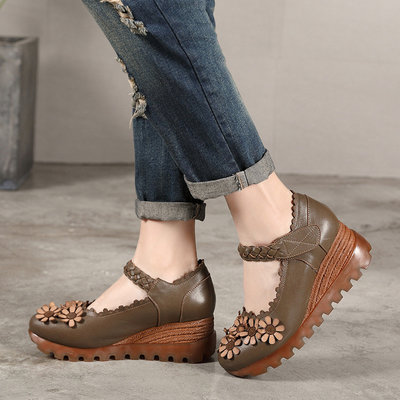 S323 Wedge Heel Thick-Soled Handmade Single Shoes Factory Direct Sales, Leather Forest Ethnic Style High Heel Spring Wom