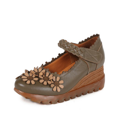 S323 Wedge Heel Thick-Soled Handmade Single Shoes Factory Direct Sales, Leather Forest Ethnic Style High Heel Spring Wom