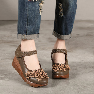 S323 Wedge Heel Thick-Soled Handmade Single Shoes Factory Direct Sales, Leather Forest Ethnic Style High Heel Spring Wom