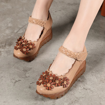 S323 Wedge Heel Thick-Soled Handmade Single Shoes Factory Direct Sales, Leather Forest Ethnic Style High Heel Spring Wom