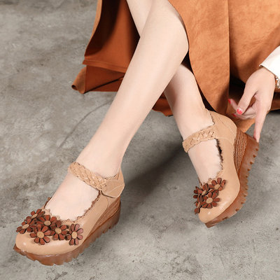 S323 Wedge Heel Thick-Soled Handmade Single Shoes Factory Direct Sales, Leather Forest Ethnic Style High Heel Spring Wom