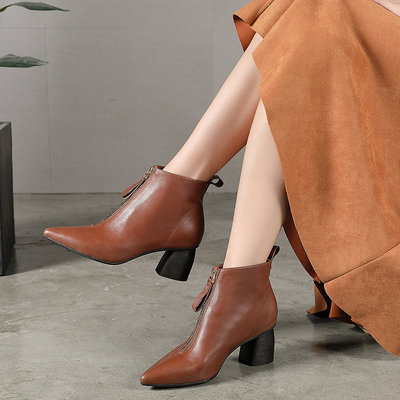 S324 Simple Top Layer Cowhide Pointed High-Heeled Women'S Short Boots, All-Match Fashion Increased Autumn And Winter War