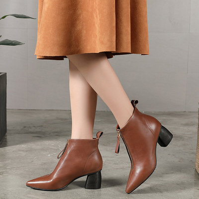 S324 Simple Top Layer Cowhide Pointed High-Heeled Women'S Short Boots, All-Match Fashion Increased Autumn And Winter War