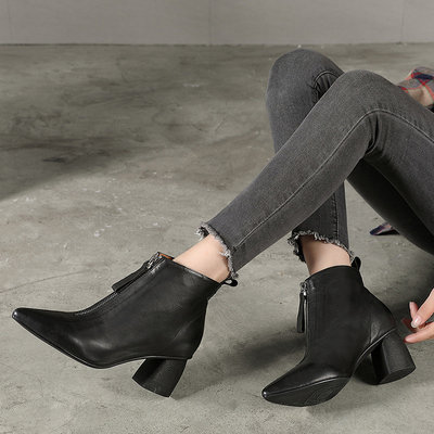 S324 Simple Top Layer Cowhide Pointed High-Heeled Women'S Short Boots, All-Match Fashion Increased Autumn And Winter War