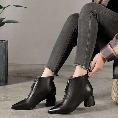 S324 Simple Top Layer Cowhide Pointed High-Heeled Women'S Short Boots, All-Match Fashion Increased Autumn And Winter War