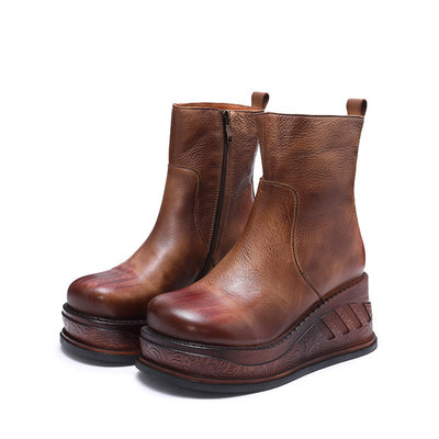 S325 Increased Thick Bottom Top Layer Leather Handmade Boots, Ethnic Style Retro Waxed Leather Personalized Fashion Wome