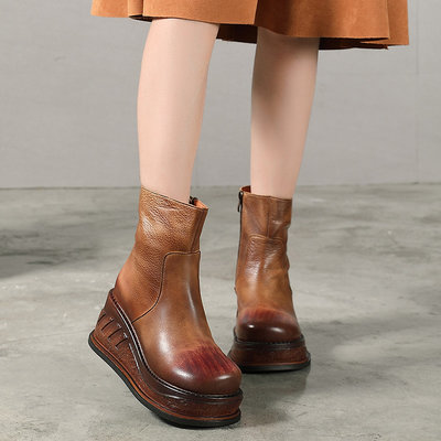 S325 Increased Thick Bottom Top Layer Leather Handmade Boots, Ethnic Style Retro Waxed Leather Personalized Fashion Wome