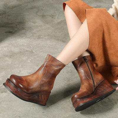 S325 Increased Thick Bottom Top Layer Leather Handmade Boots, Ethnic Style Retro Waxed Leather Personalized Fashion Wome