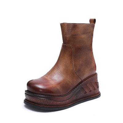 S325 Increased Thick Bottom Top Layer Leather Handmade Boots, Ethnic Style Retro Waxed Leather Personalized Fashion Wome